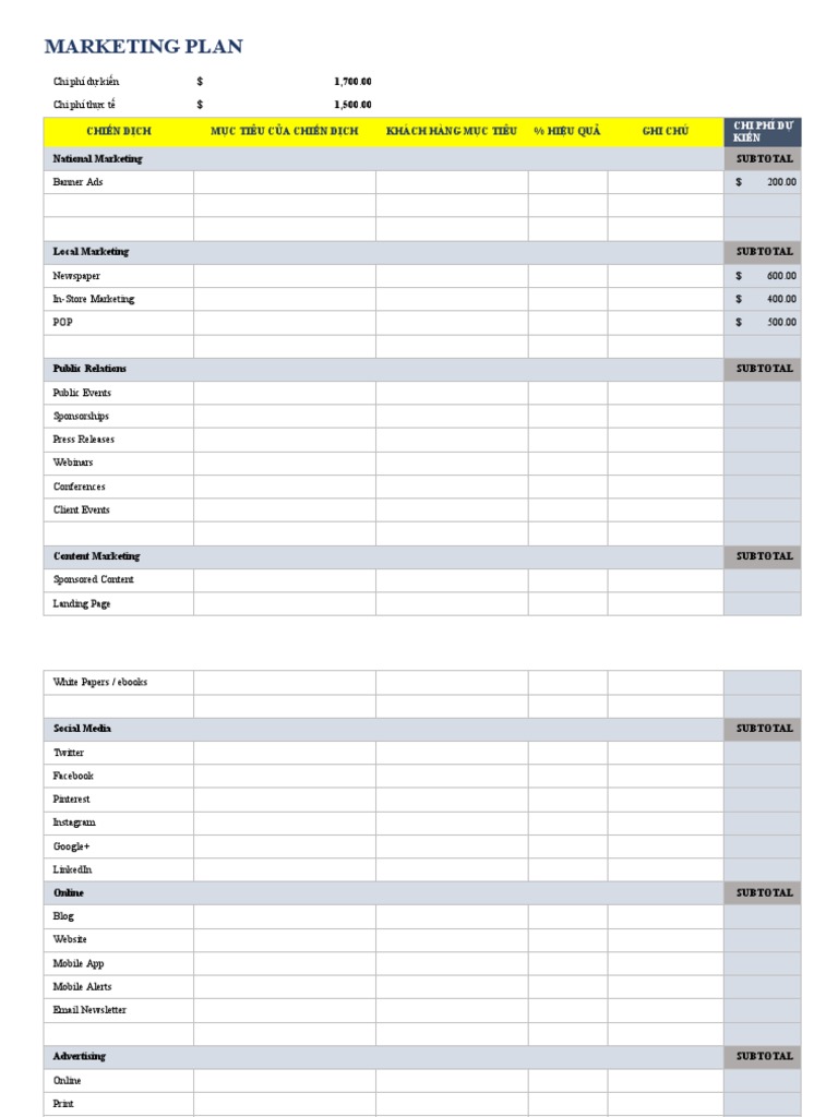 MAU FILE EXCEL KE HOACH MARKETING - XLSM | PDF | Marketing | Business ...