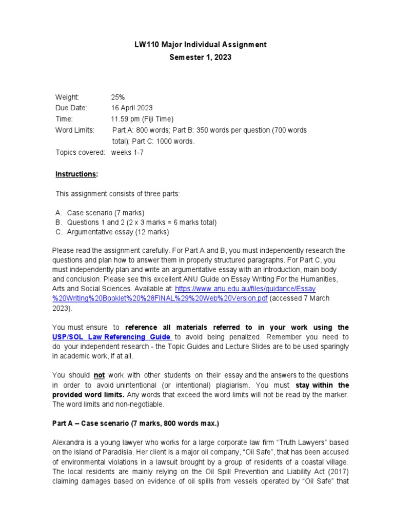 2023 LW110 Major Individual Assignment | PDF | Lawyer | Legal Liability