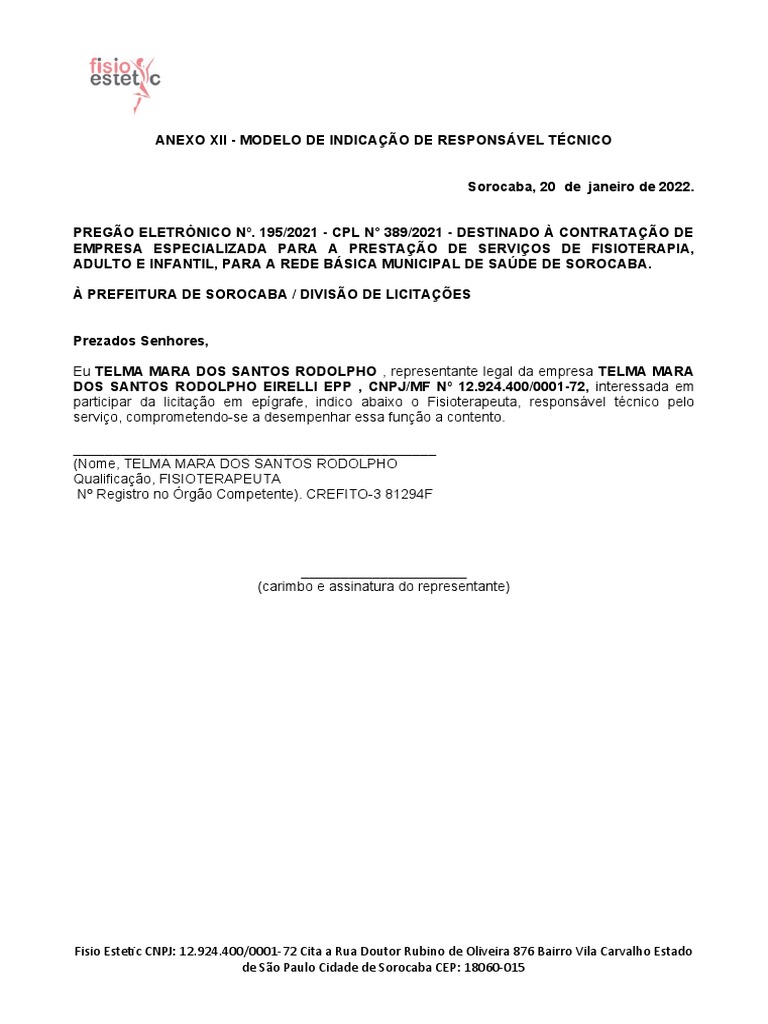 Indicação de Responsável Técnico Fisioterapeuta | PDF