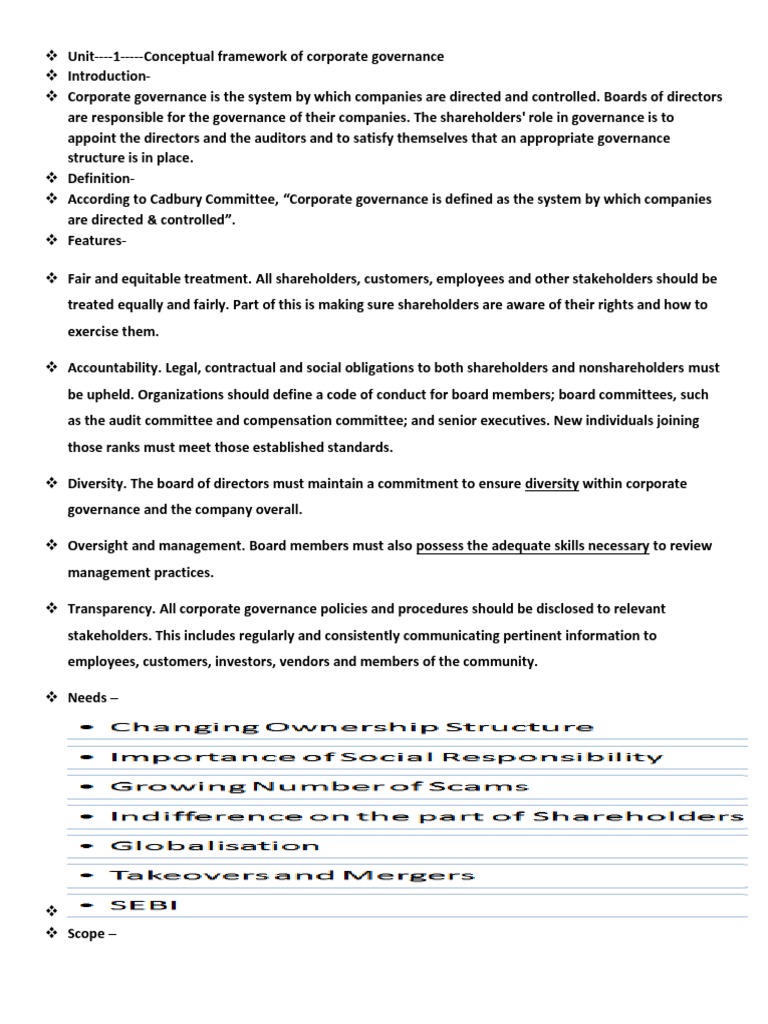 Unit - 1 - Conceptual Framework of Corporate Governance | PDF | Corporate Governance | Governance