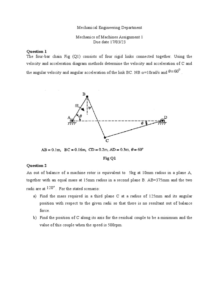 Mechanics of Machines Assignment 1 | PDF