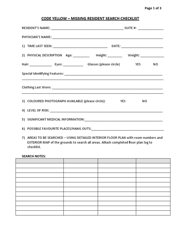 Code Yellow Checklist | PDF