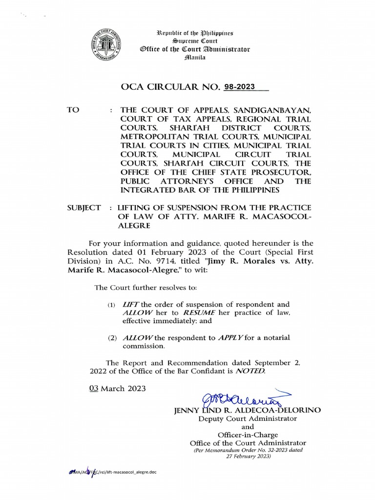 OCA Circular No. 98 2023 | PDF