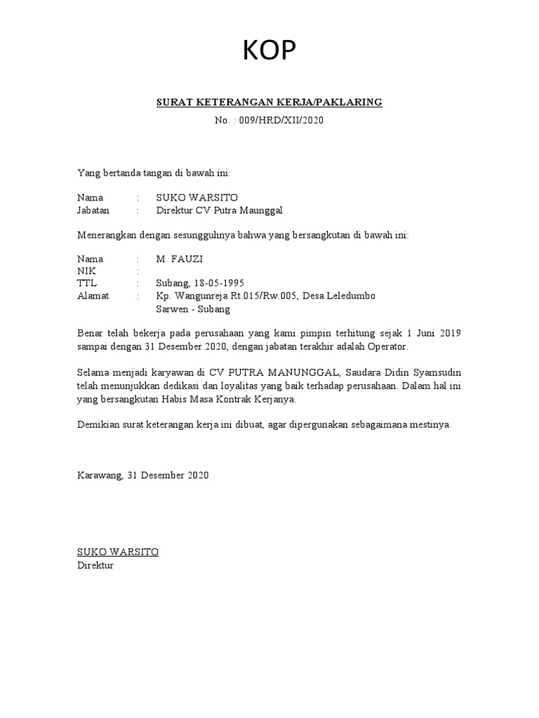 Contoh Surat Paklaring Karyawan | PDF