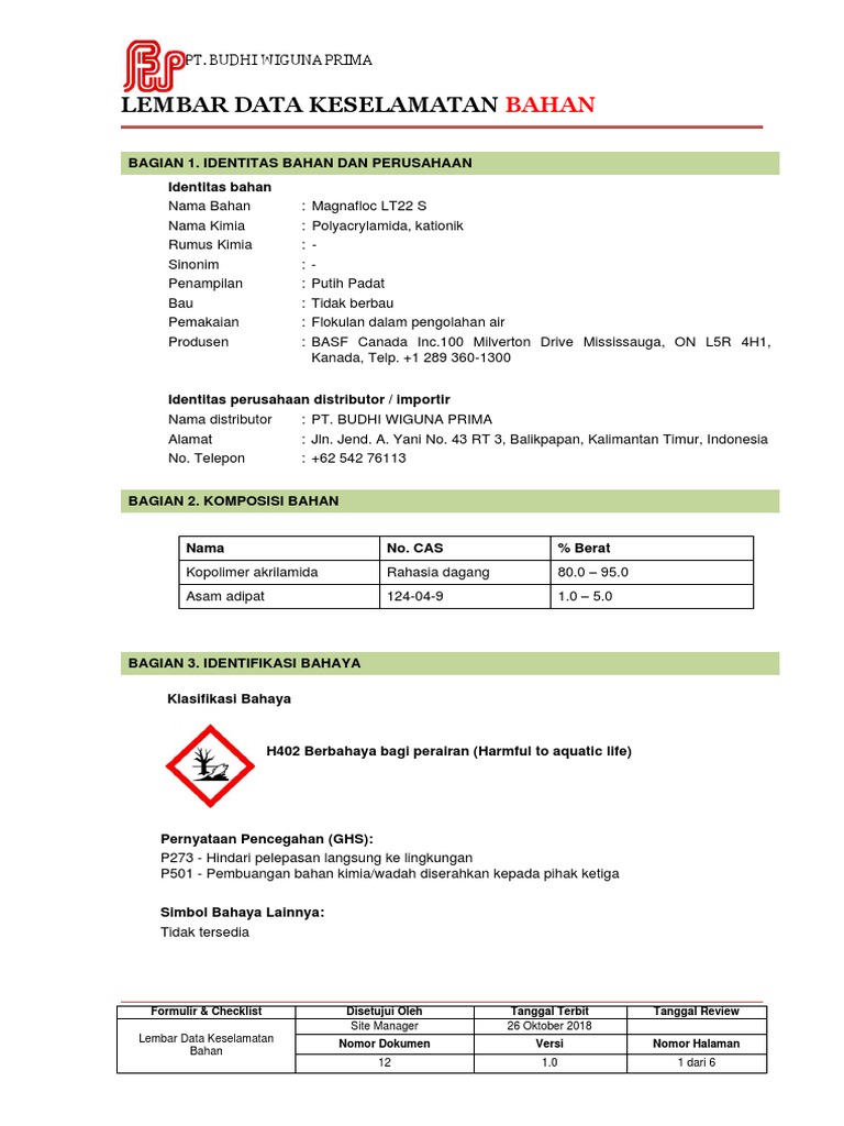 1.0 Lembar Data Keselamatan Bahan-12 - Magnafloc | PDF