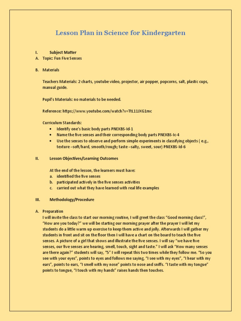 Lesson Plan in Science For Kindergarten | PDF | Senses | Lesson Plan