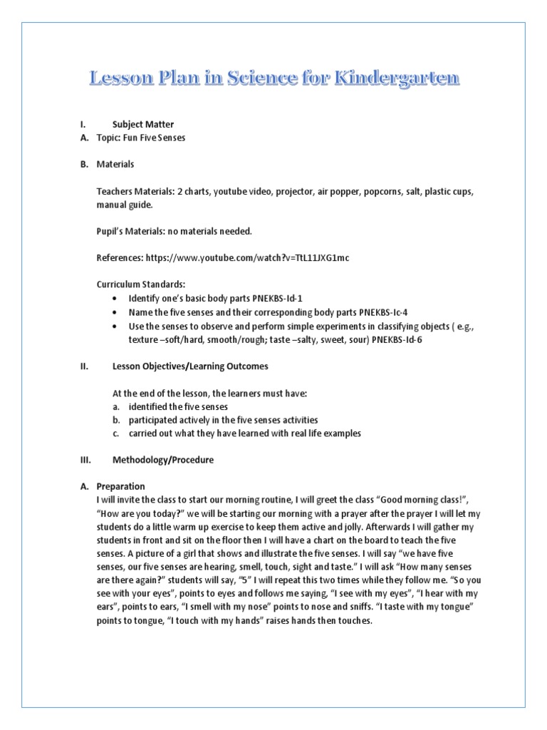 Lesson Plan in Science For Kindergarten PDF | PDF | Senses | Taste