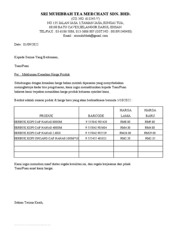 Surat Notis Kenaikan Harga Produk (Customer Hanif) PDF | PDF | Bisnis ...