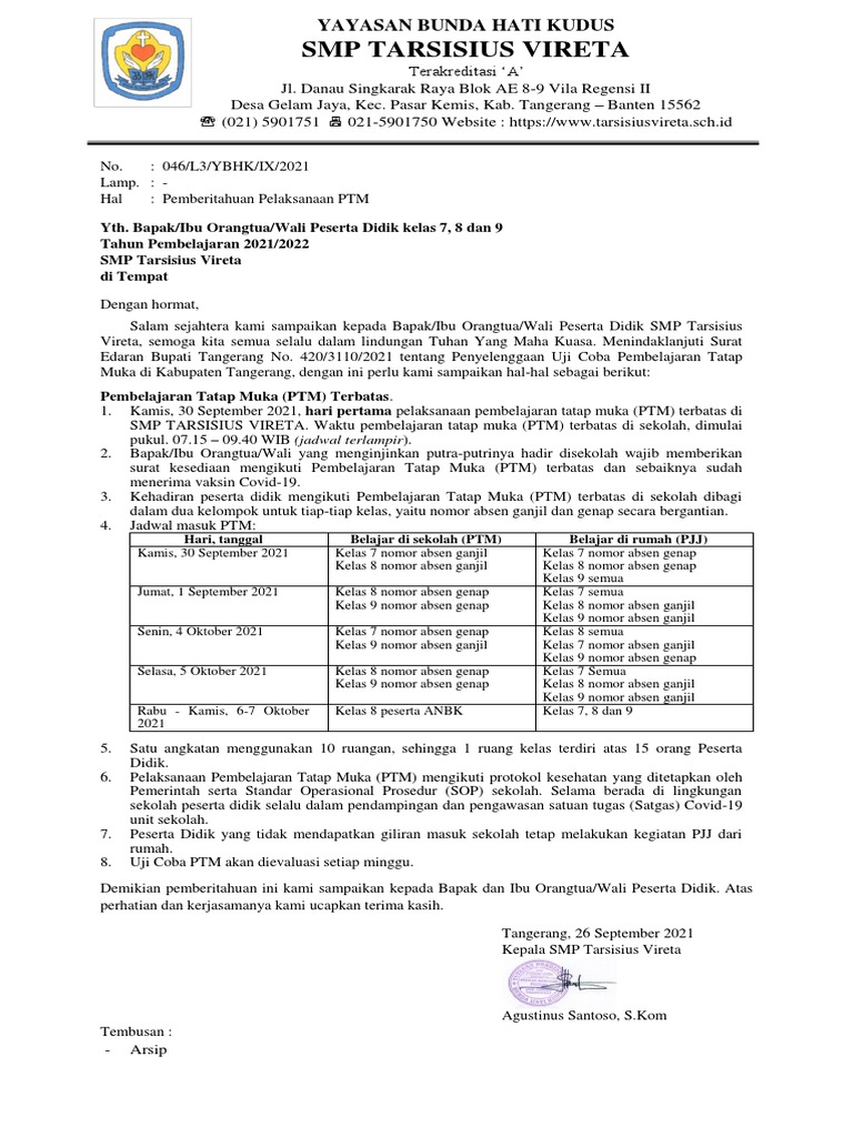 Surat Pemberitahuan Pelaksanaan PTM PDF | PDF
