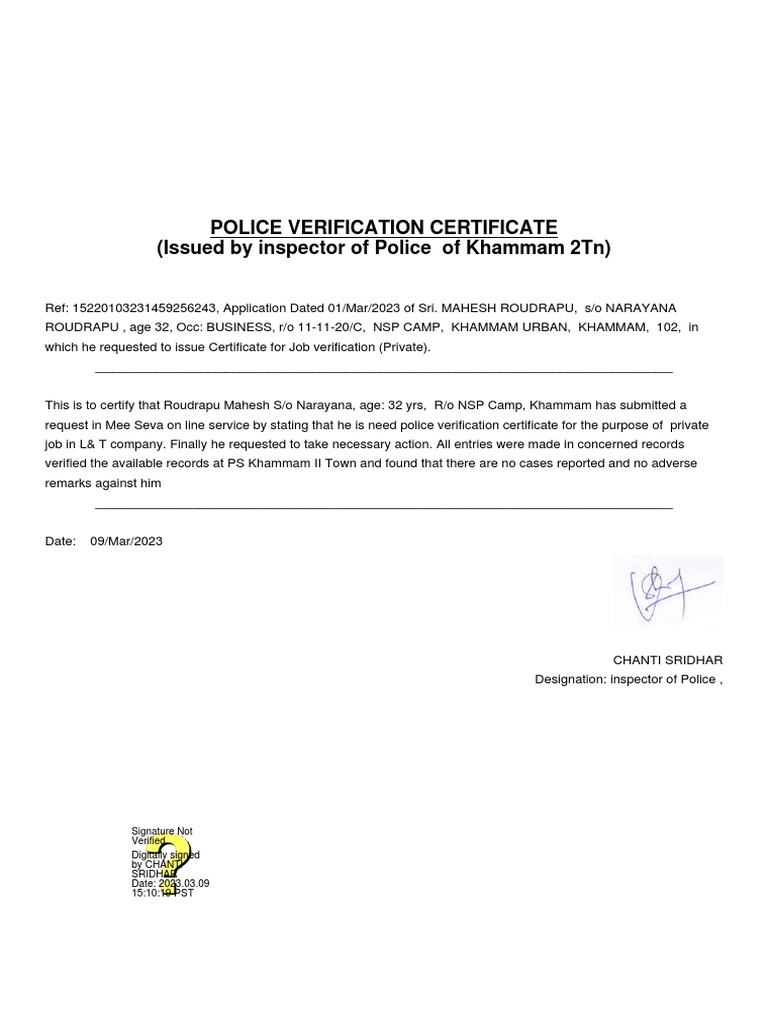 Telangana Police Verification Certificate | PDF