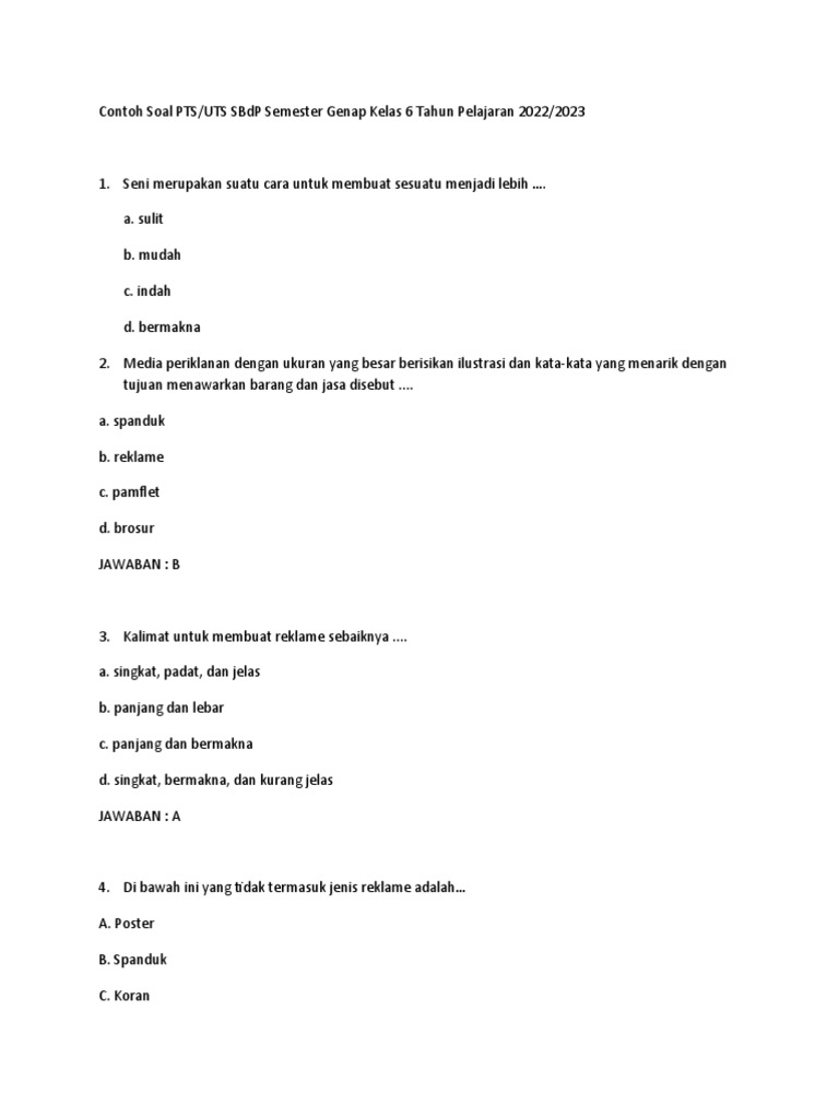 Contoh Soal PTS SBK Kls 6 | PDF | Seni & Disiplin Bahasa | Seni