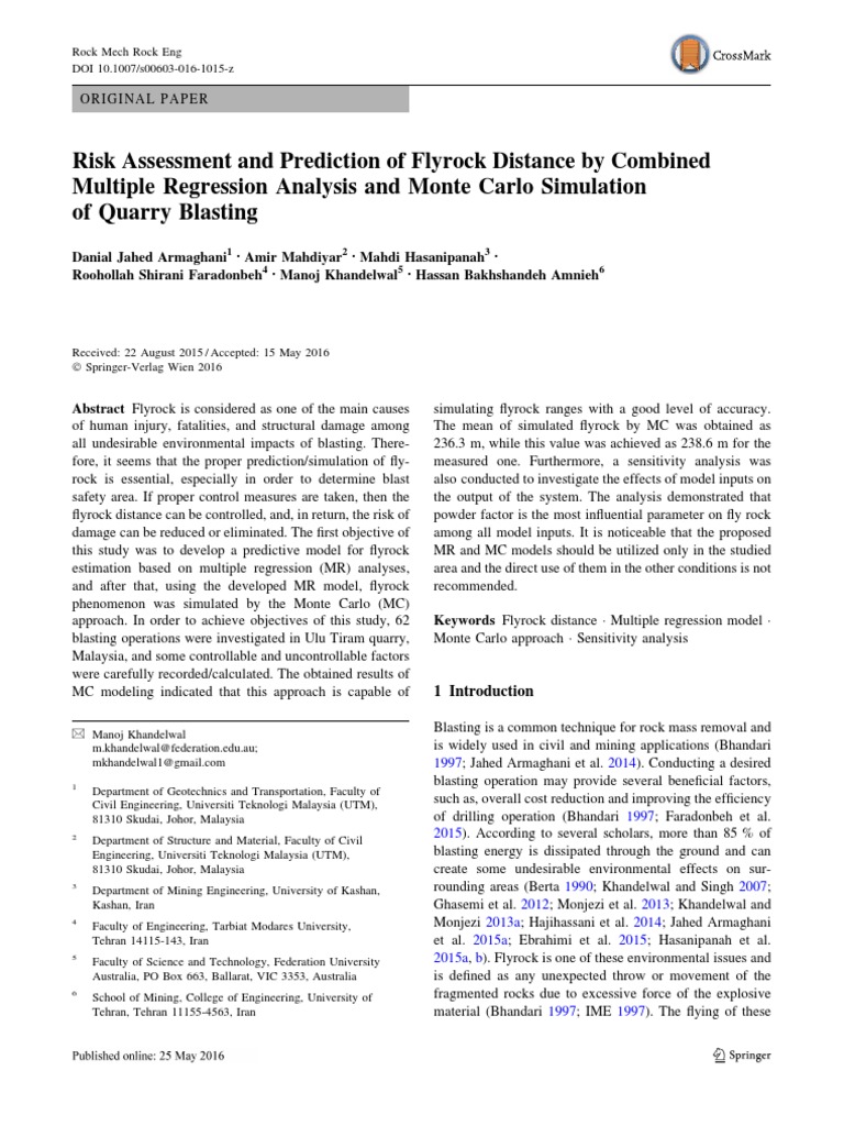 Risk Assessment and Prediction of Flyrock Distance by Combined Multiple Regression Analysis and ...