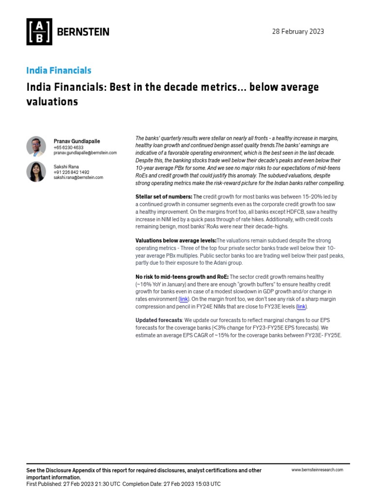 Bernstein India Financials Best in The Decade Metrics Below Average ...