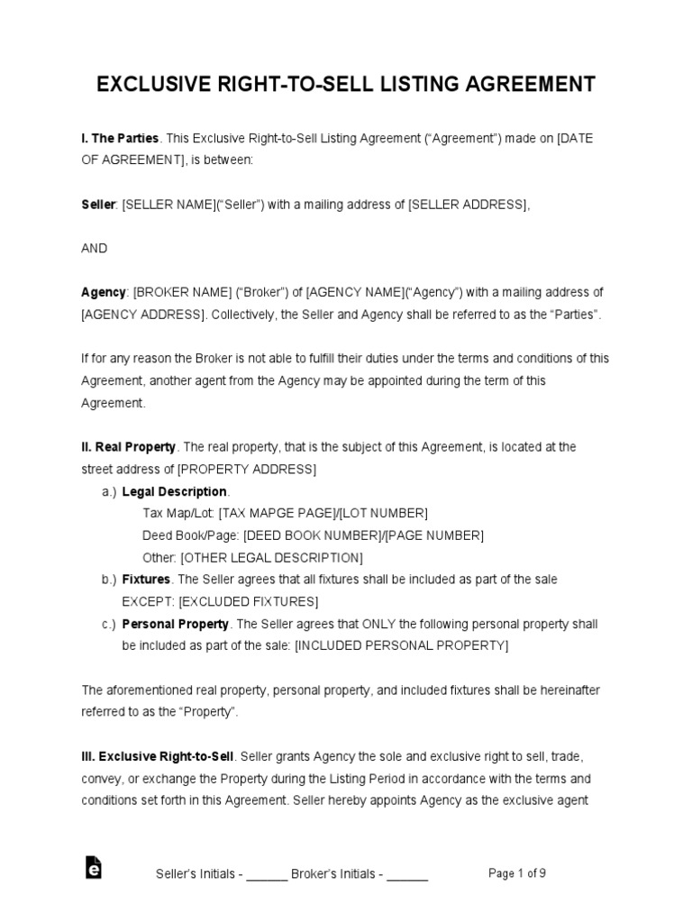 Exclusive Right-to-Sell Agreement Template | PDF | Business Law ...
