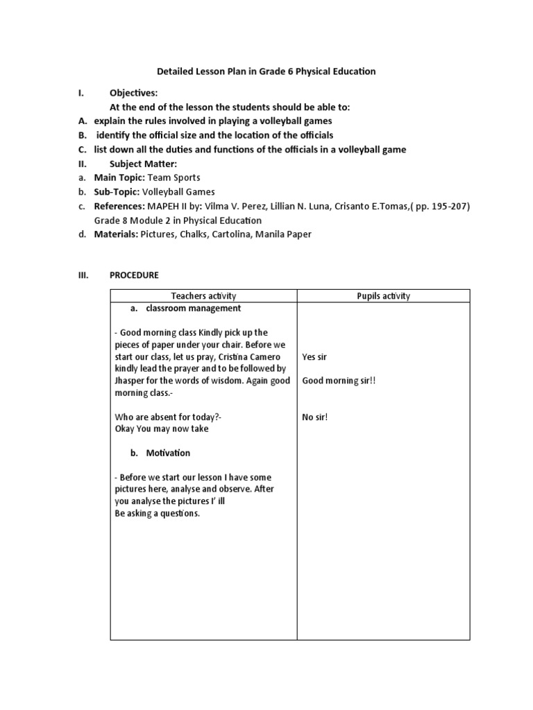 Detailed Lesson Plan in Grade 6 Physical Education | PDF | Volleyball ...