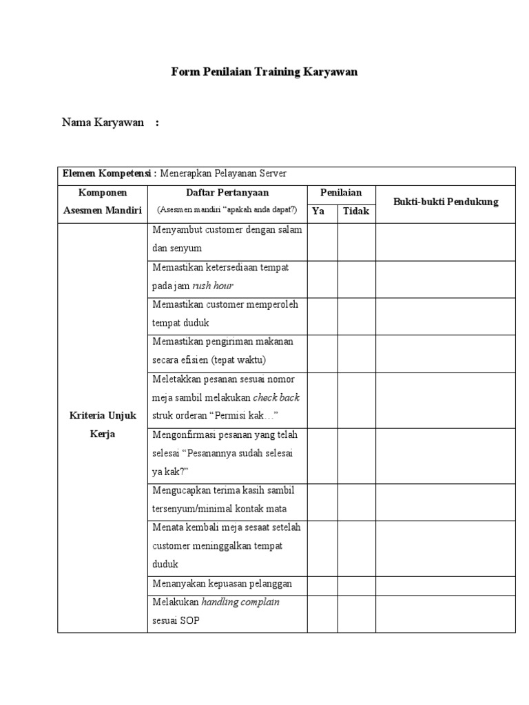 Form Penilaian Training Karyawan | PDF