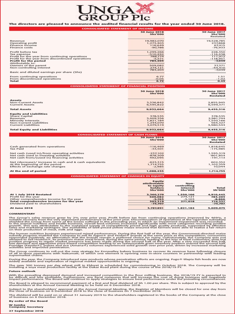 Unga Group Financial Report Year Ended June 2018 | PDF | Economies ...