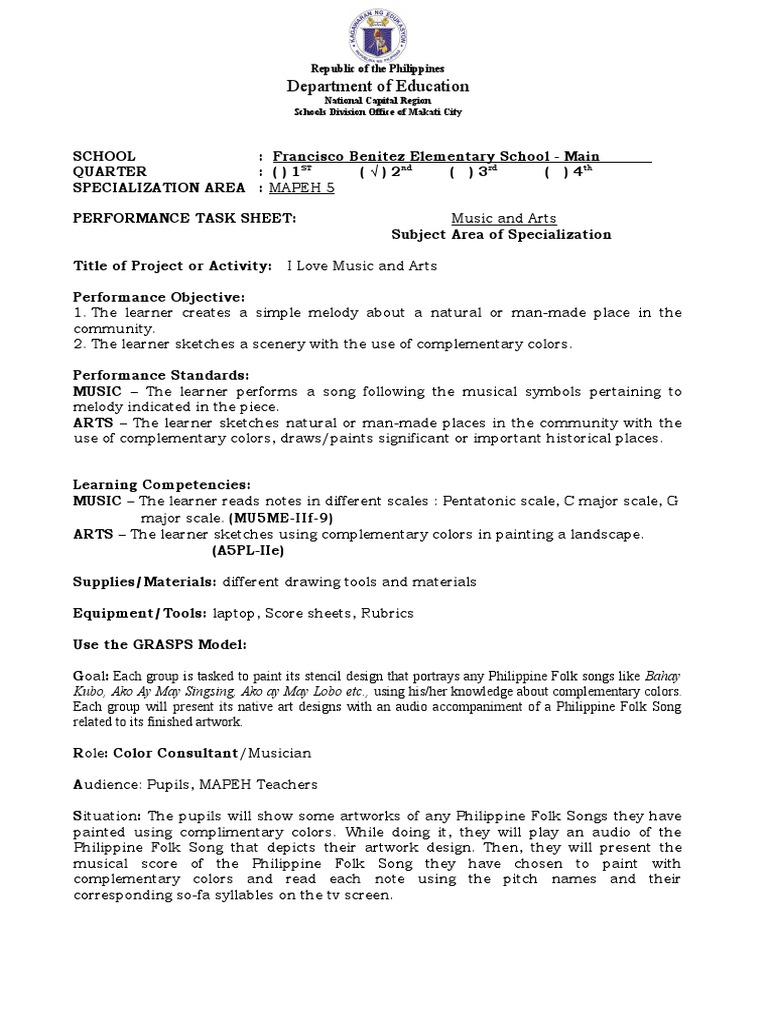 Performance Task-Music-Arts-Grade5 | PDF | Rubric (Academic) | Knowledge
