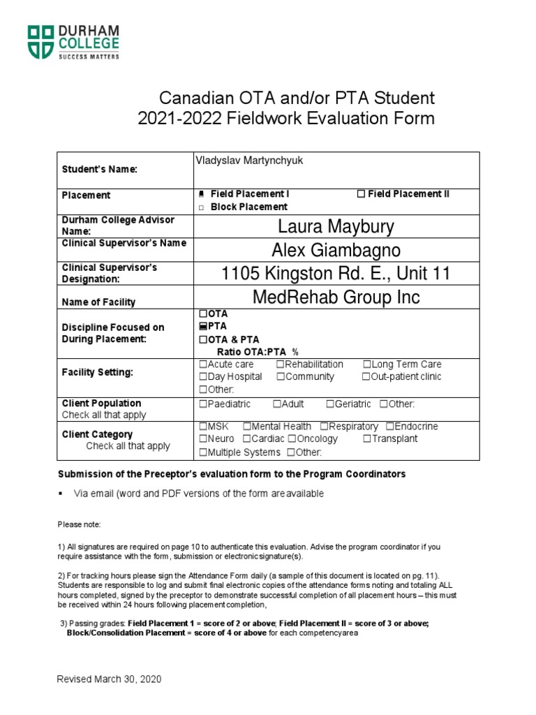 pta placement evaluation form - 2021-2022 | PDF | Communication ...