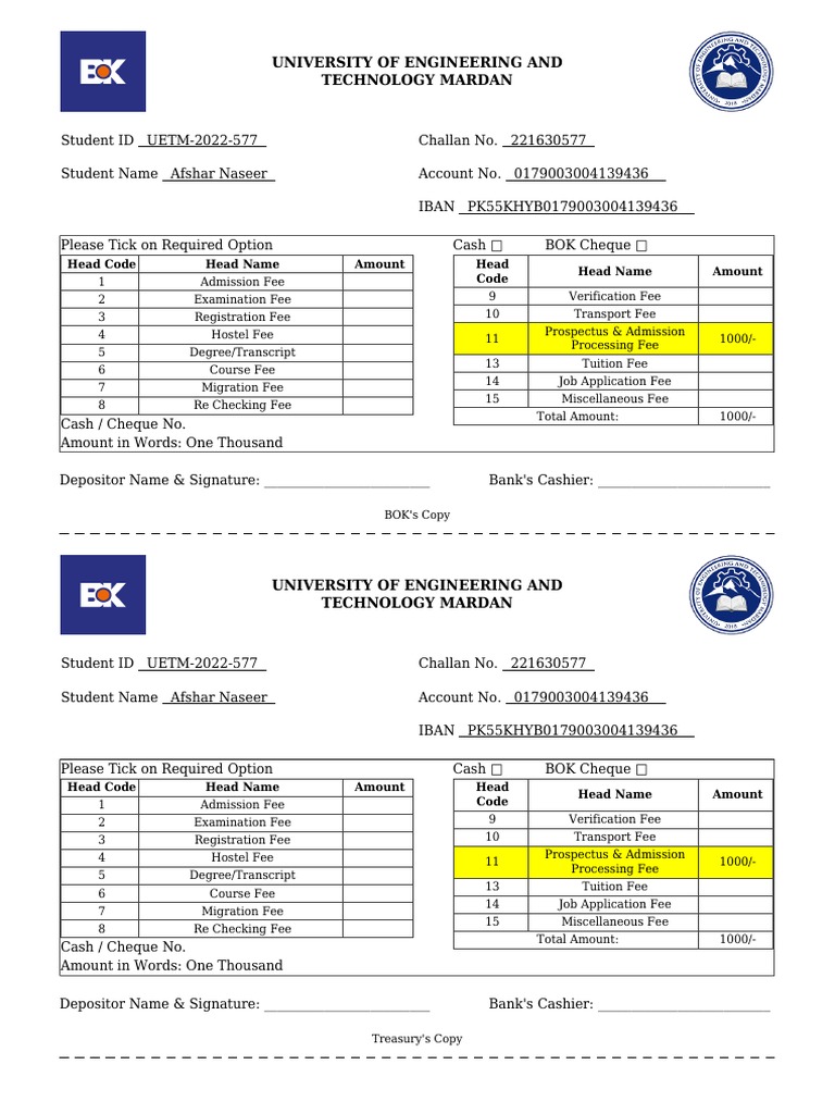 UET Mardan Fee Challan Form | PDF | Cheque | Deposit Account