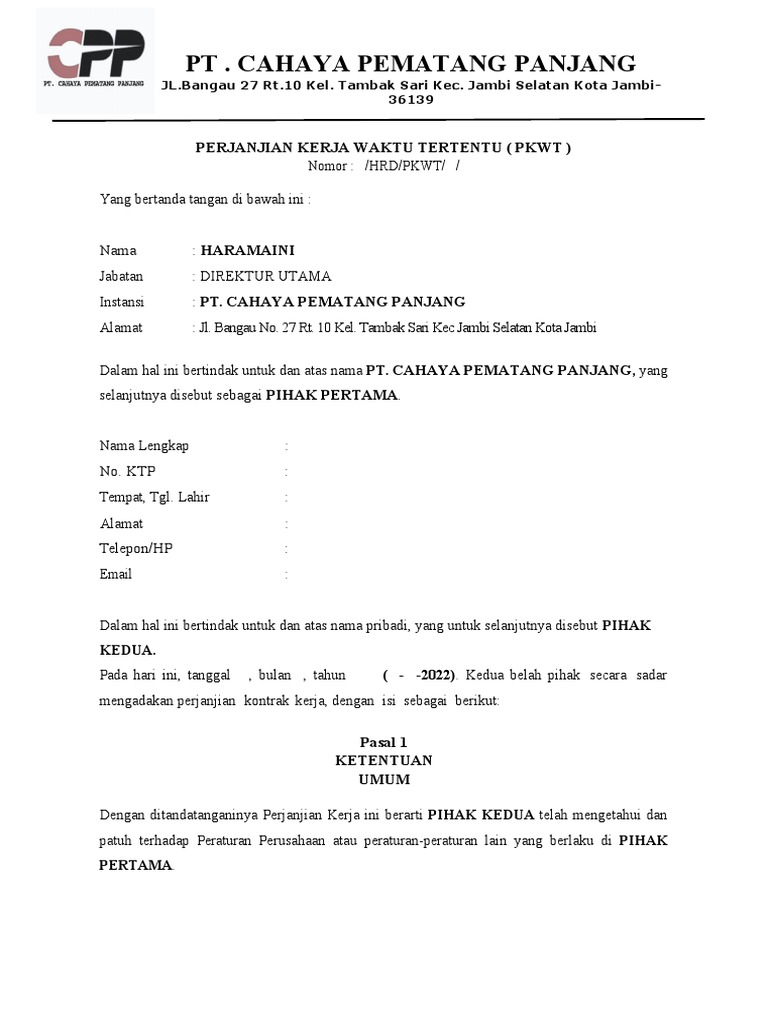 Contoh PERJANJIAN KERJA WAKTU TERTENTU-1 | PDF