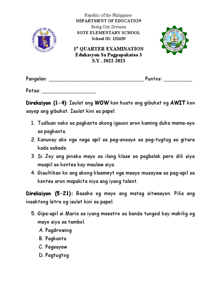 ESP 3 Q1 Test Questionnaire | PDF