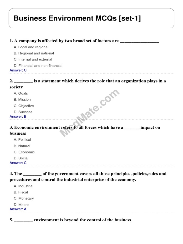 Business Environment Solved MCQs (Set-1) | PDF | Macroeconomics | Economic System
