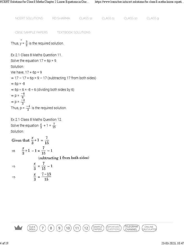 NCERT Solutions For Class 8 Maths Chapter 2 Linear Equations in One ...