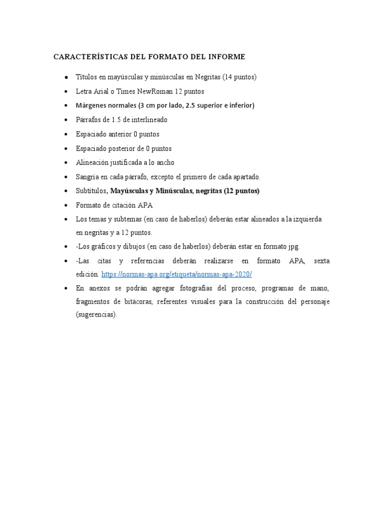Formato informe características reporte | PDF