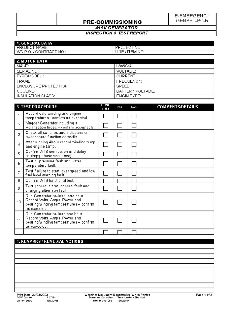 415V Generator Inspection Report | PDF | Electric Generator | Electricity