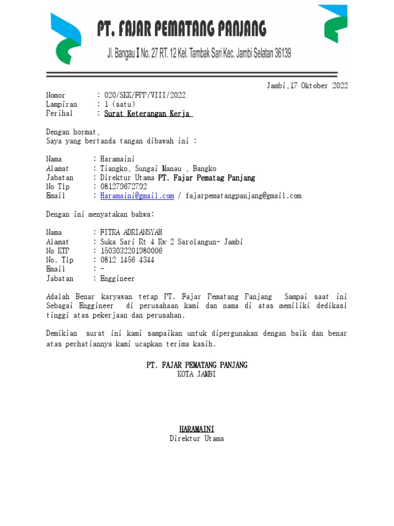 Surat Keterangan Kerja Fitra Adriansyah | PDF | Karier & Perkembangan