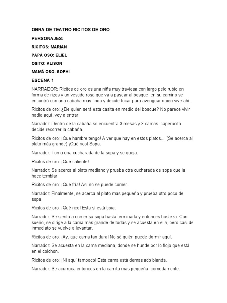 Obra de Teatro: Ricitos de Oro | PDF | Osos | Ricitos de oro y los tres ...