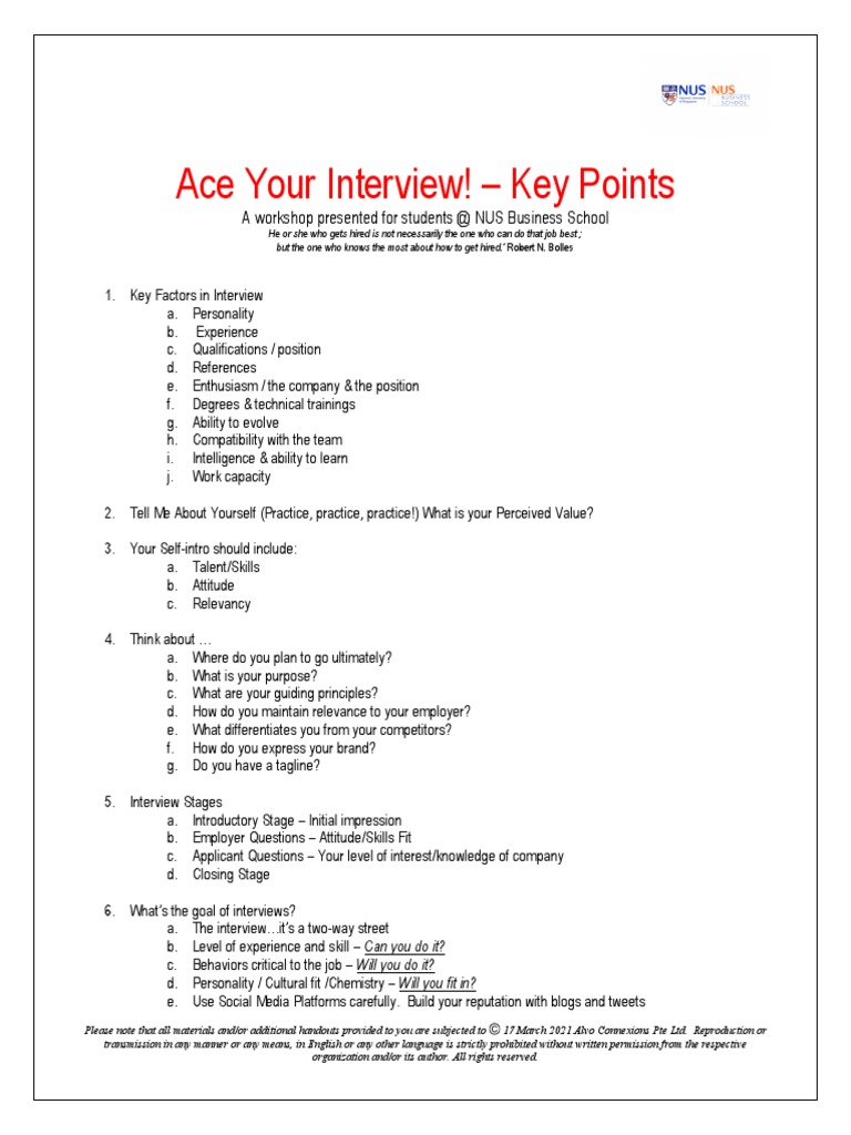Ace Your Interview - KeyTakeAways - NUS Business School | PDF ...