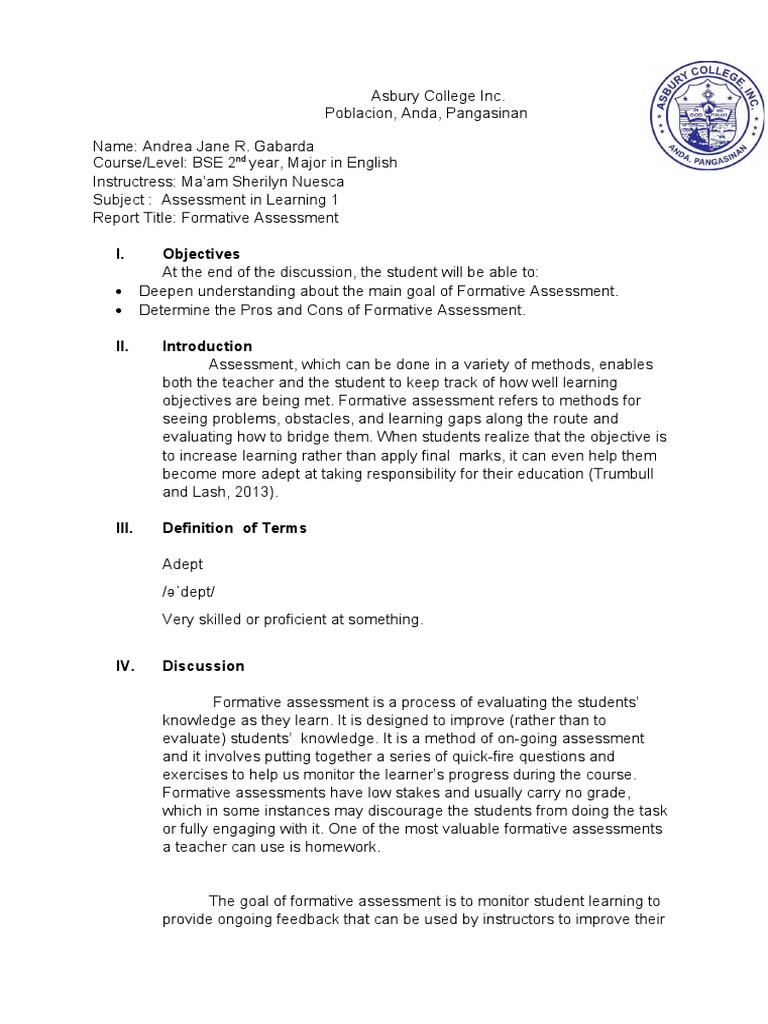 Assessment in Learning 1 Report (Formative Assessment) | Download Free ...