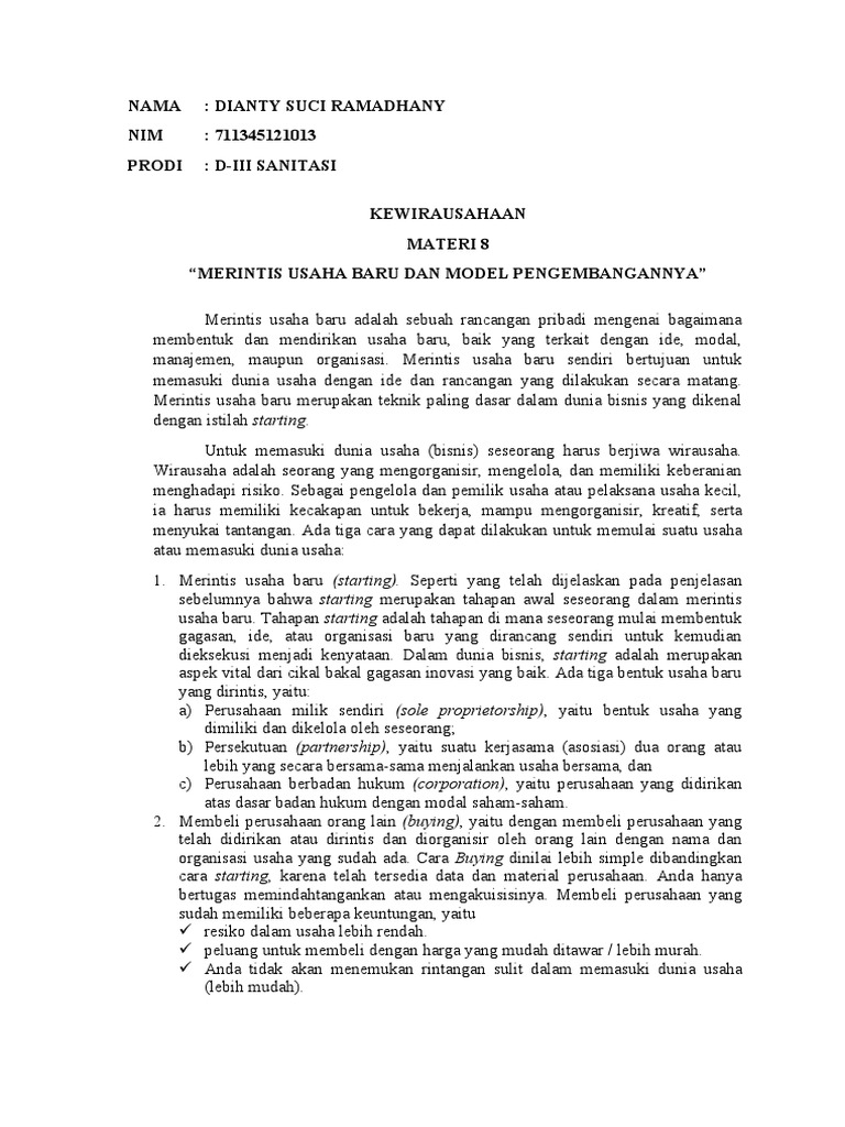 Kewirausahaan (Materi 8) - Merintis Usaha Baru Dan Model Pengembangannya | PDF | Bisnis