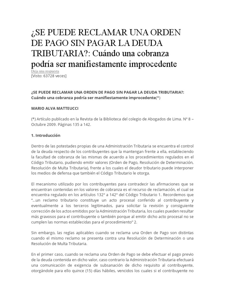 Se Puede Reclamar Una Orden de Pago Sin Pagar La Deuda Tributaria | Descargar gratis PDF ...