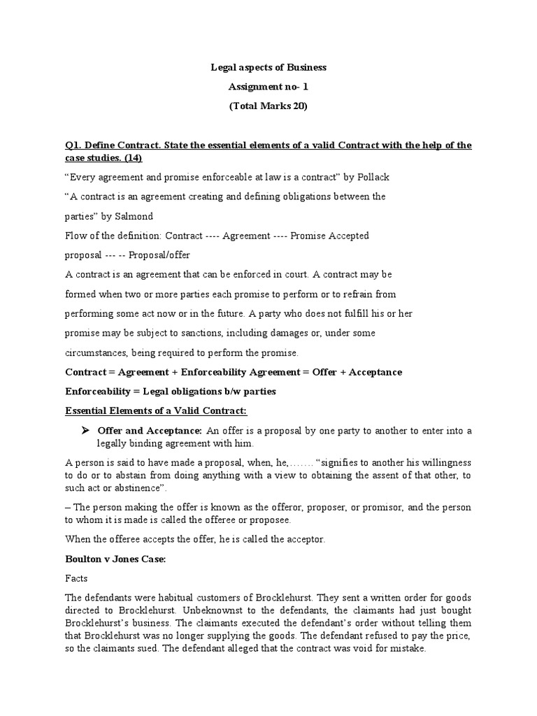 Legal Aspects of Business Assignment 1 | PDF | Offer And Acceptance | Consideration