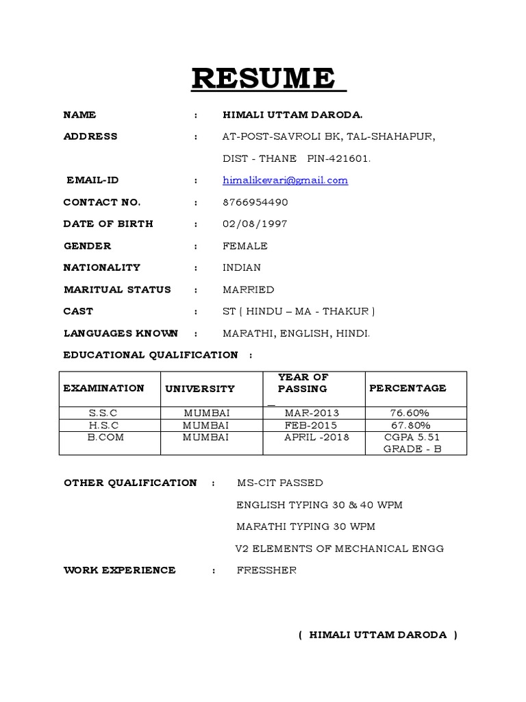 Resume of Himali Uttam Daroda | PDF