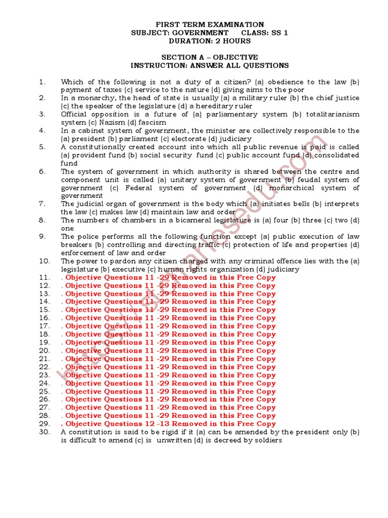 Government Questions For ss2 Second Term PDF | PDF | Legislature | Monarchy