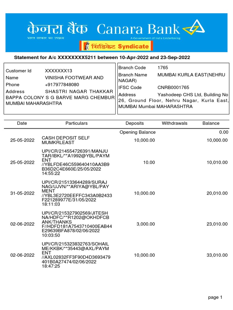 Canara Bank Account Statement 2022 | PDF | Cheque | Business