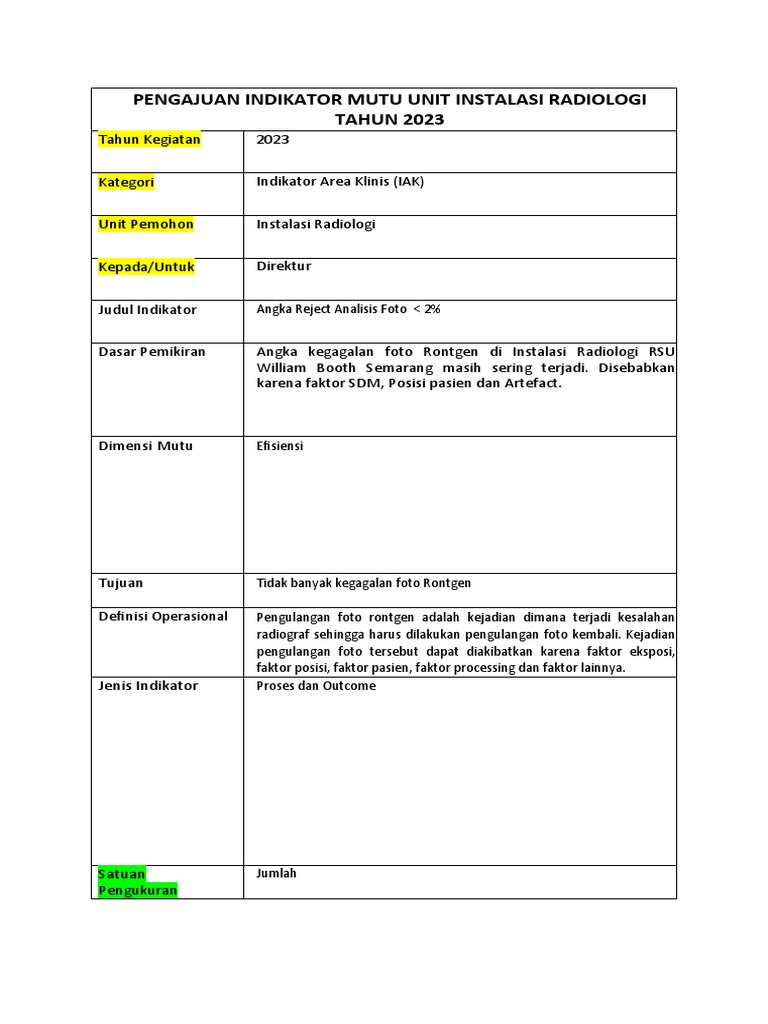 Form Pengajuan Indikator Mutu RADIOLOGI 2023 | PDF