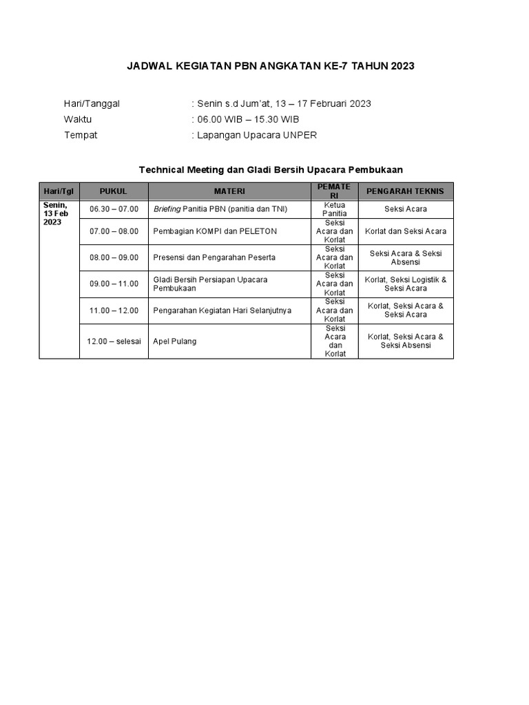 Jadwal PBN Angkatan 7 UNPER 2023 | PDF