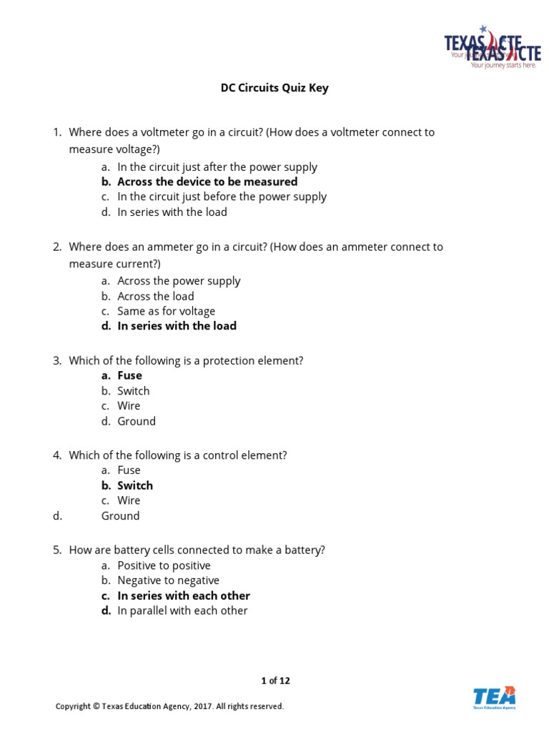 DC Circuits Quiz Key - 082519 | PDF | Voltage | Fuse (Electrical)
