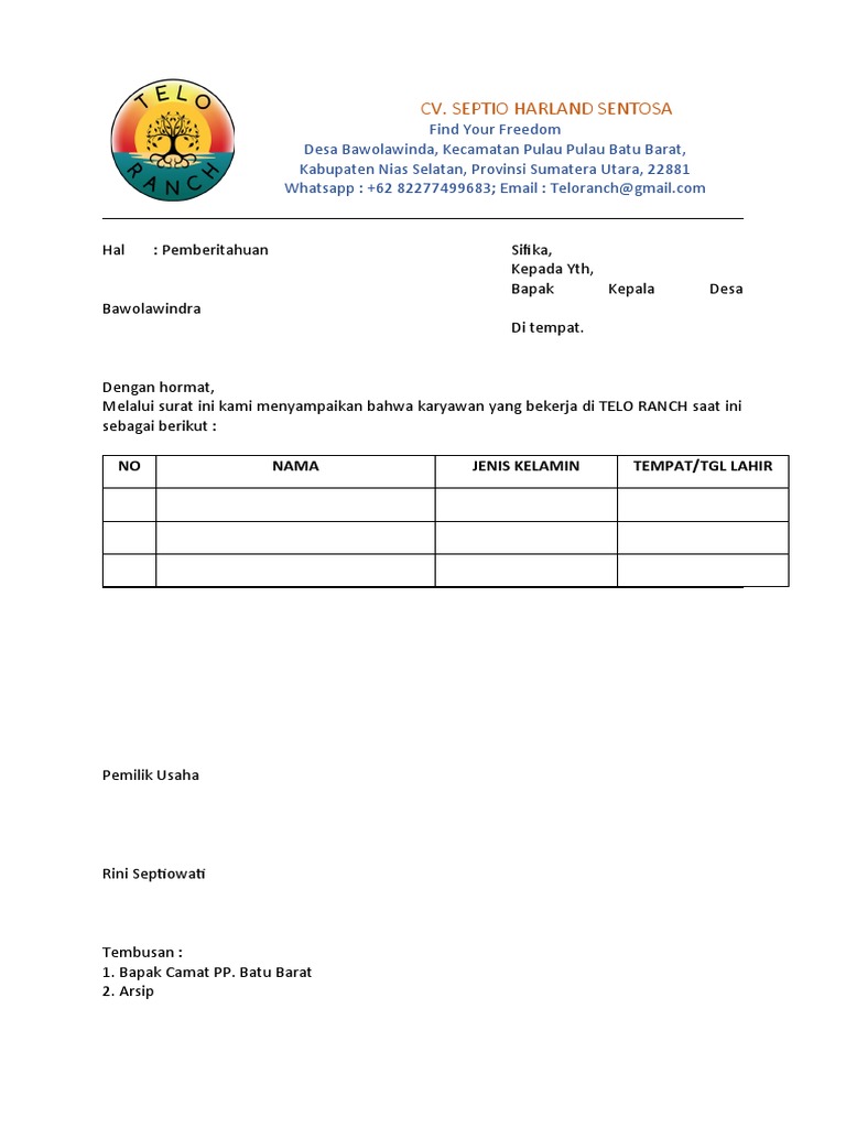 Kop Latter Telo Ranch Karyawan | PDF