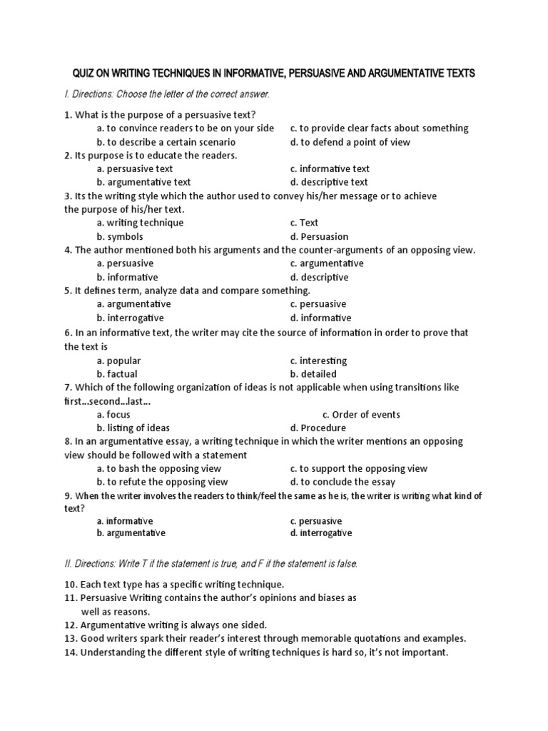 Writing Techniques Quiz: Text Types | PDF | Essays | Persuasion