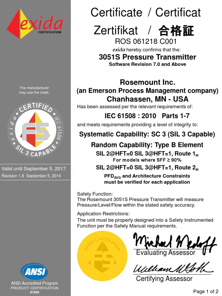 ROS 091022 C001 3051S Certificate R1.8 | PDF | Systems Engineering ...