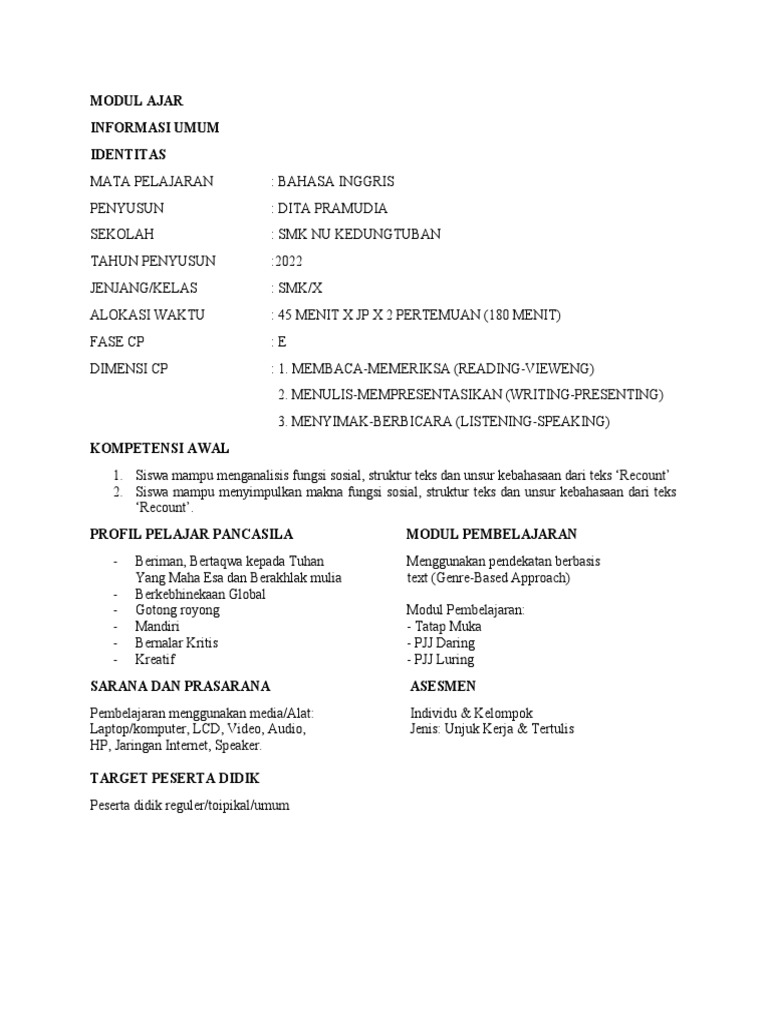 MODUL AJAR - Recount Text | PDF