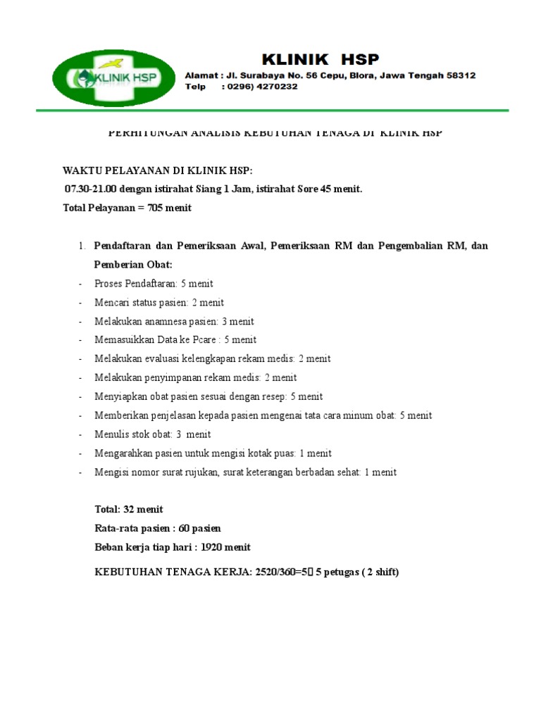 Perhitungan Analisis Kebutuhan Tenaga Di Klinik HSP PDF | PDF