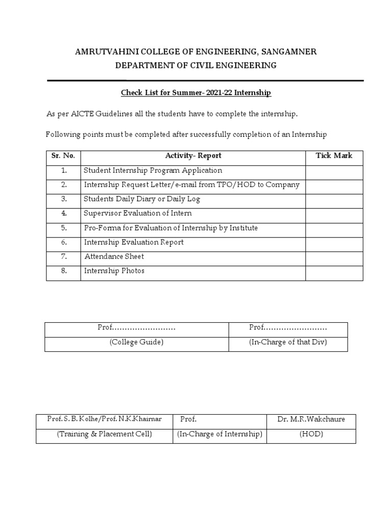Civil Engineering Internship Checklist | PDF | Career & Growth ...