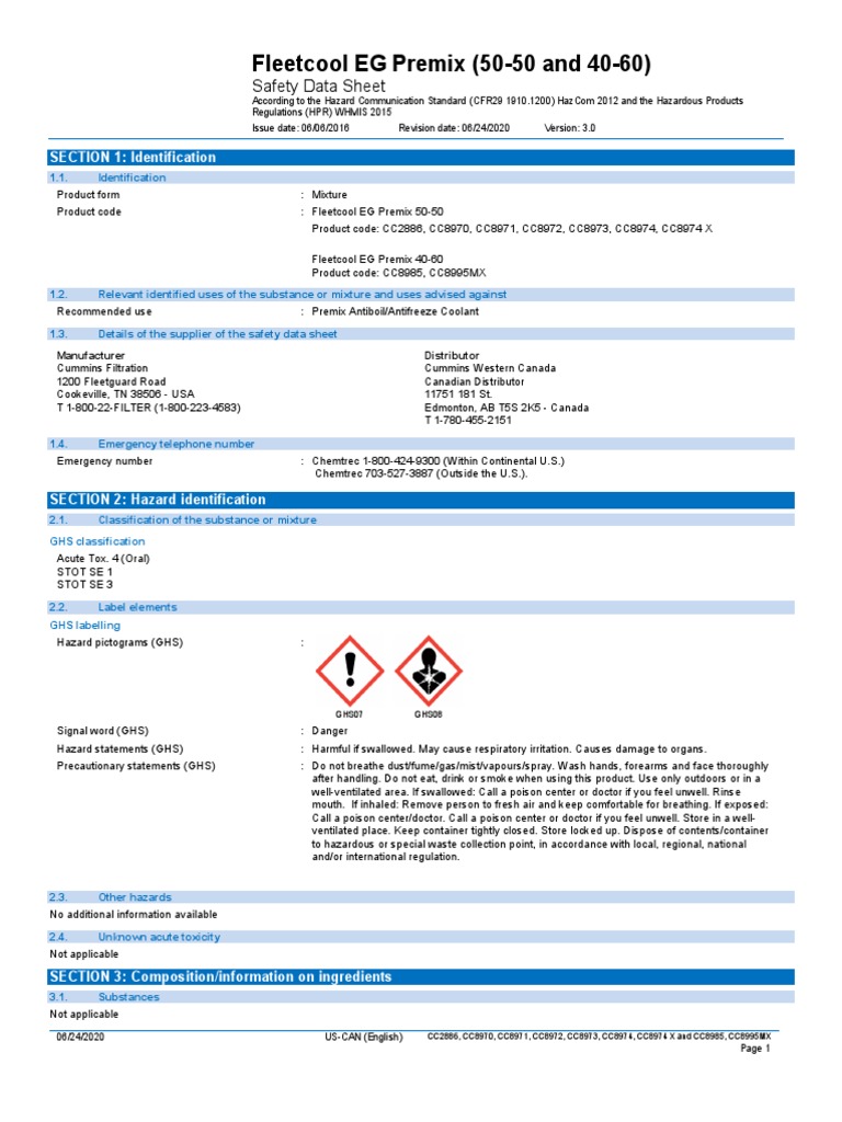 Fleetcool EG Premix (50-50 and 40-60) EN OSHA WHMIS GHS SDS 2020-06-24 ...